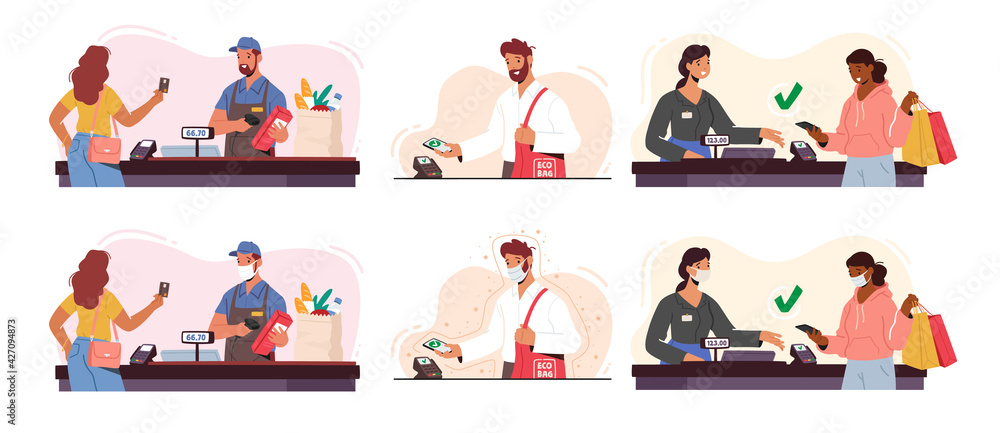 Set of Customers Use Pos Terminal for Cashless Paying. Buyers Hold ...