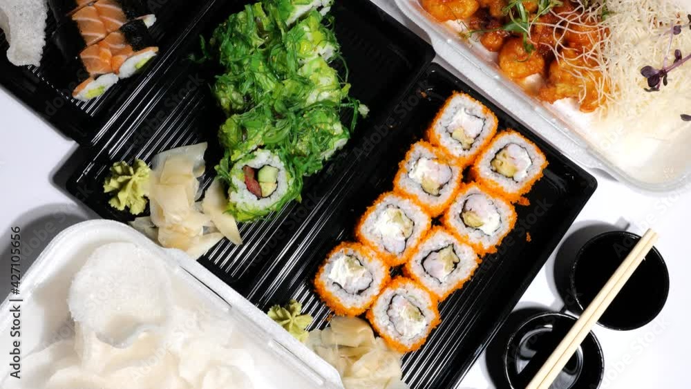 Assorted Asian, Chinese, Thai and Vietnamese food, sushi set, rolls ...
