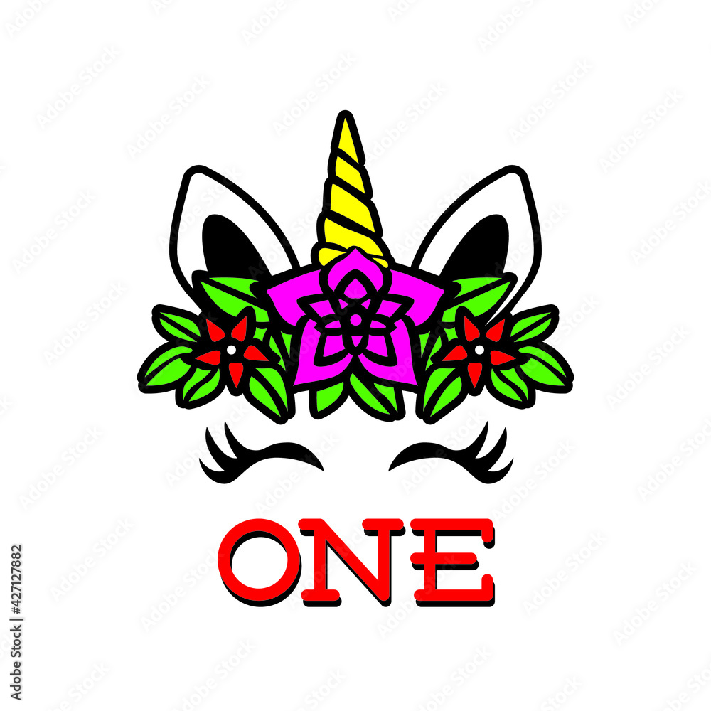 ONE. The drawing of a beautiful unicorn with the wreath. Draw and text ...