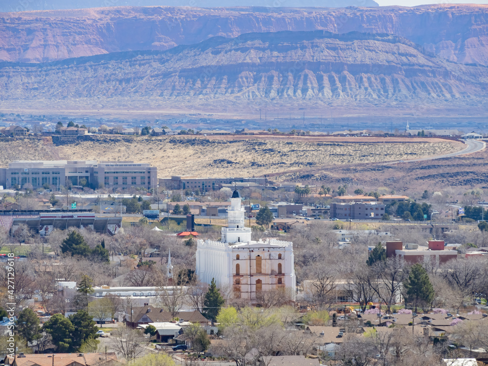 Aerial view of the cityscape of St George with the St. George Utah ...
