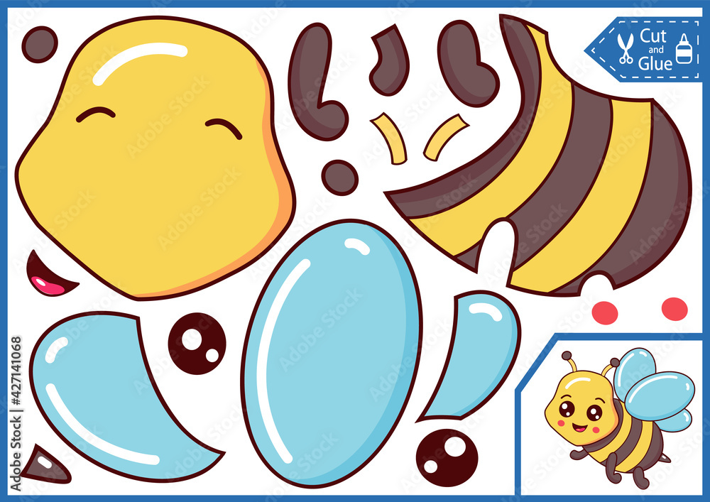 Kids game. Cut and glue the paper toy a cute bee. Craft activity art ...