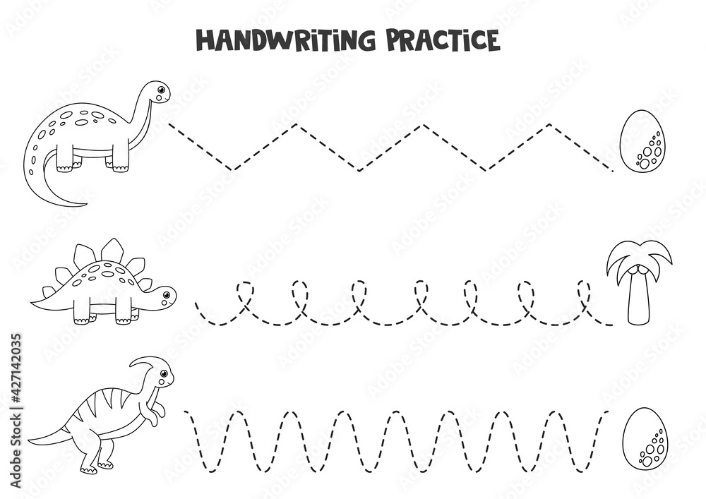 Tracing lines with cute black and white dinosaurs. Writing practice ...