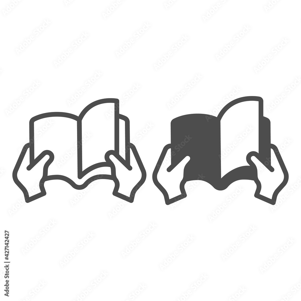 Book with page in hand line and solid icon, children book day concept ...