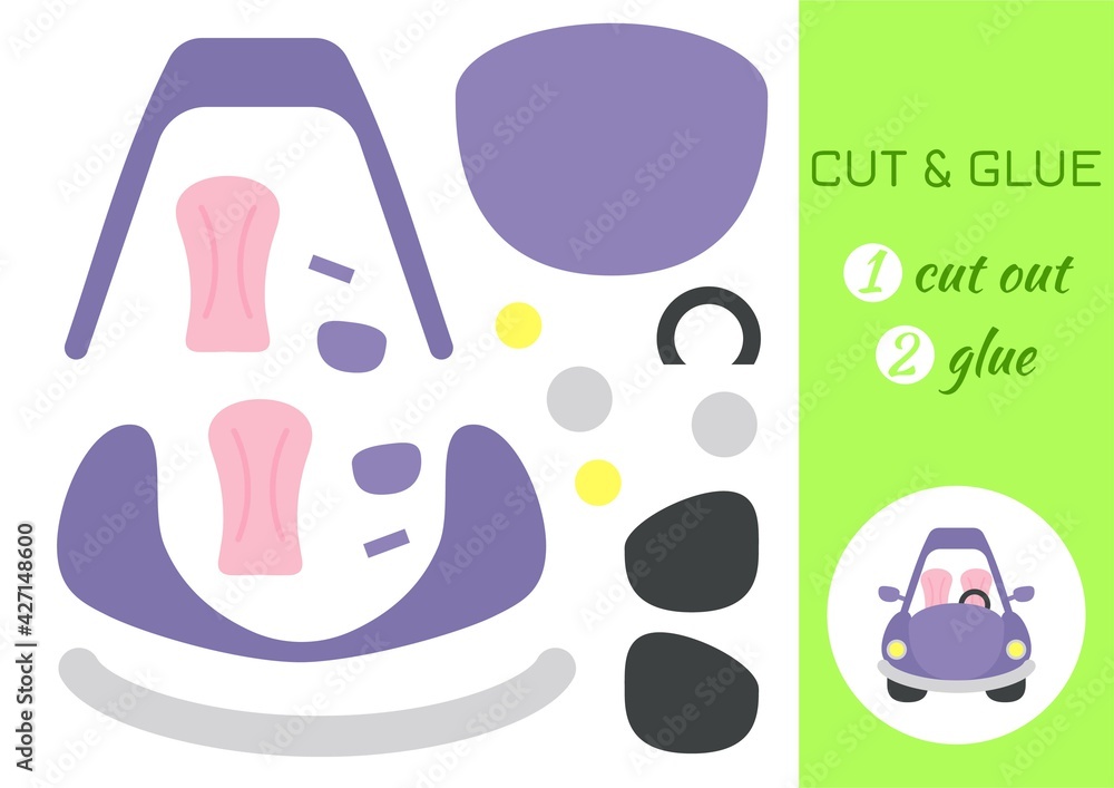 Cut and glue paper cartoon violet car. Cut and paste craft activity ...