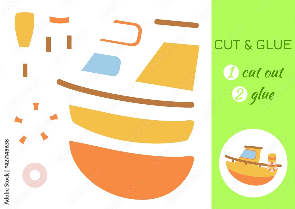 Cut and glue paper cartoon yellow-orange ship. Cut and paste craft ...