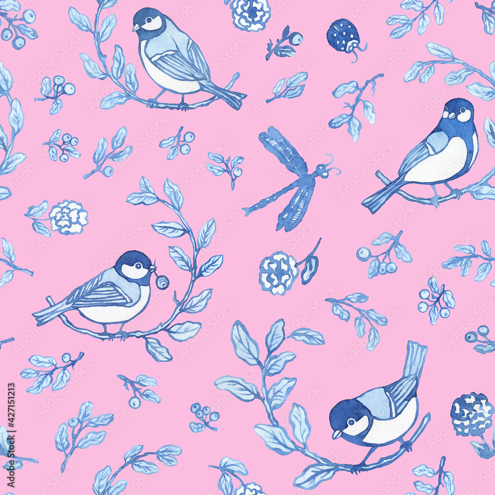 Seamless pattern in blue toile de jouy style with titmouse birds on a ...