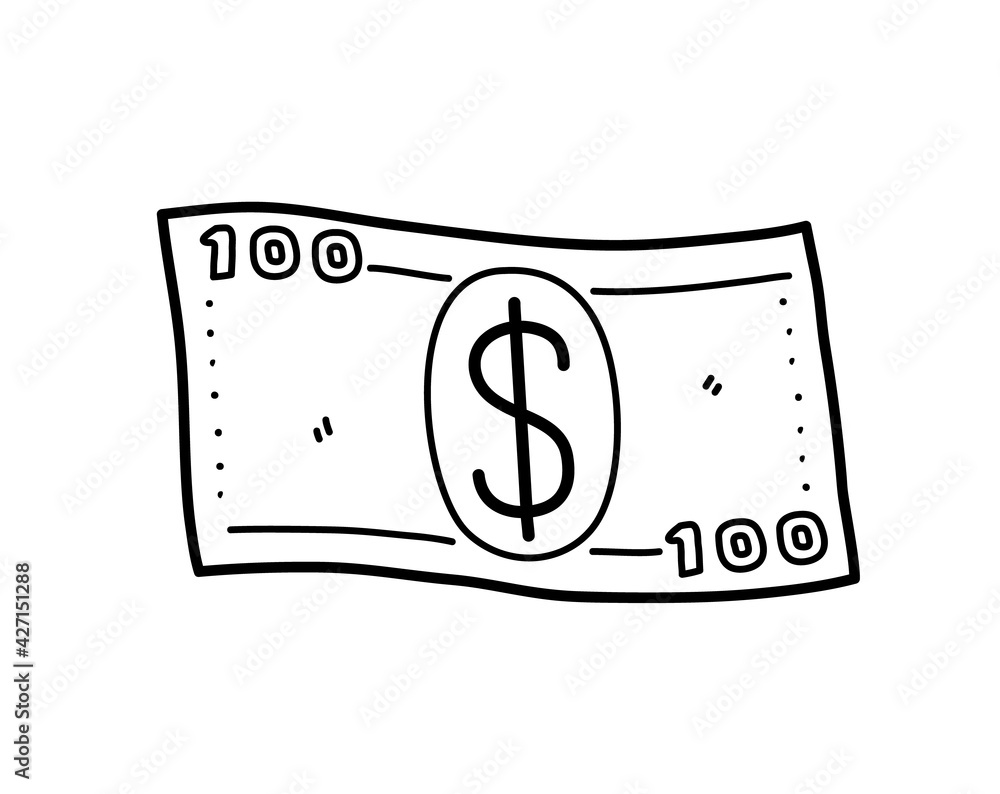 100 dollar paper bill money doodle, a hand drawn vector doodle ...