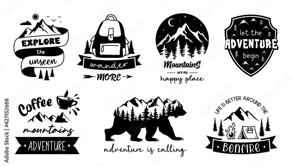 Adventure emblems, signs and labels. Set of travel, camping and ...