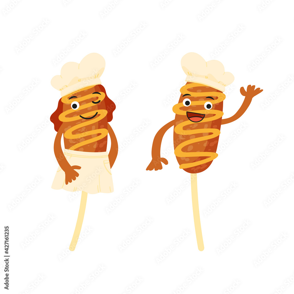 Two cute corn dog characters - a boy and a girl in chef's hats on an ...