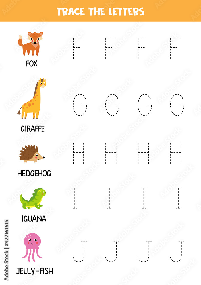 Tracing letters of English alphabet with animals. Writing practice ...