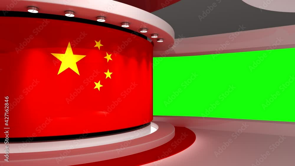 TV studio. Chinese flag background. News studio. Loop animation ...