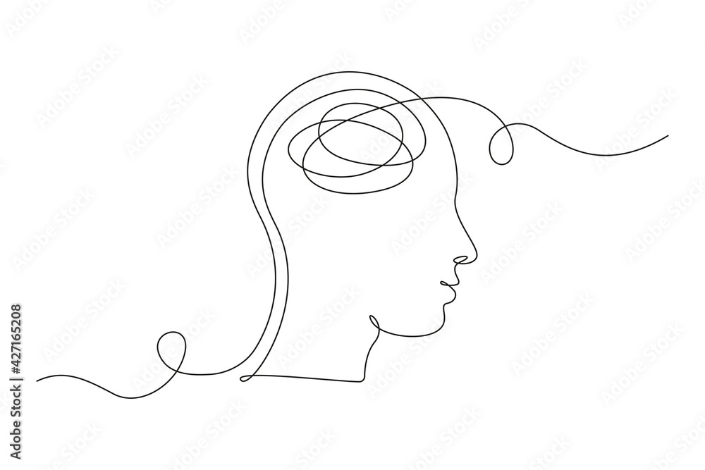 Continuous one line drawing of a person with confused feelings worried ...