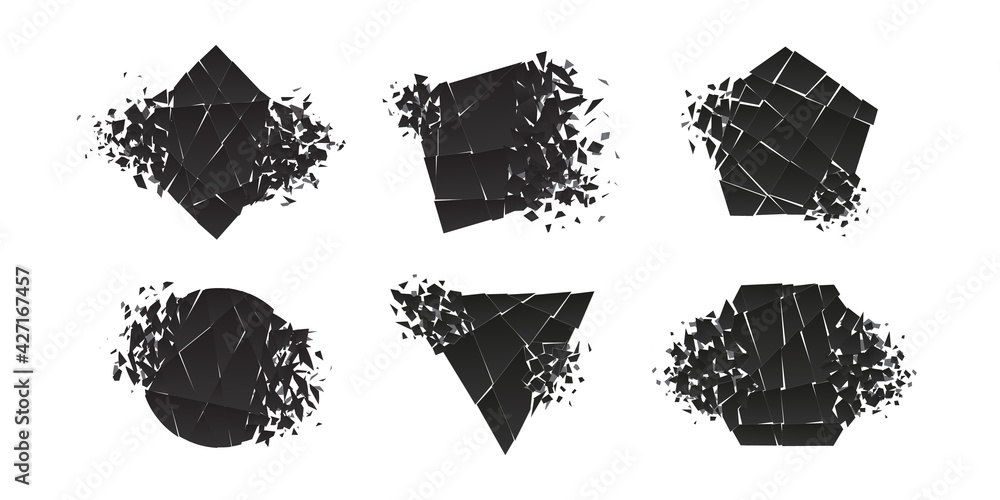 Shape shattered and explodes flat style design vector illustration set ...