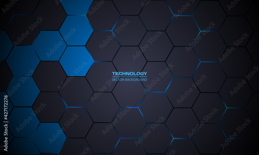 Dark gray hexagonal technology abstract vector background. Blue bright ...