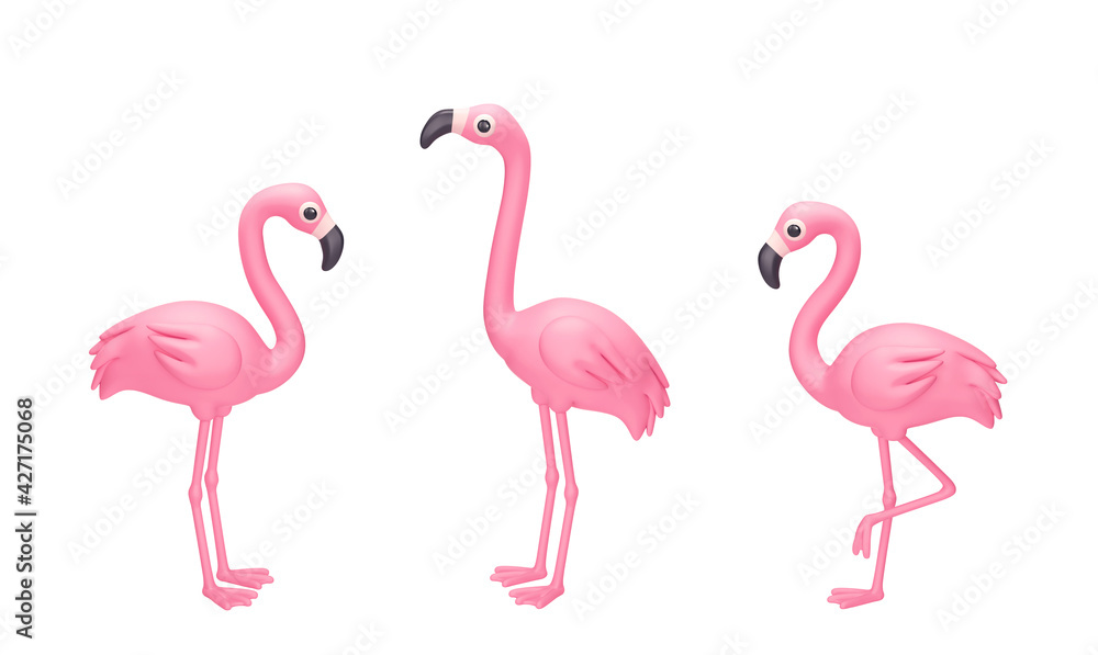 Set of cartoon pink flamingo isolated on white. Clipping path included ...