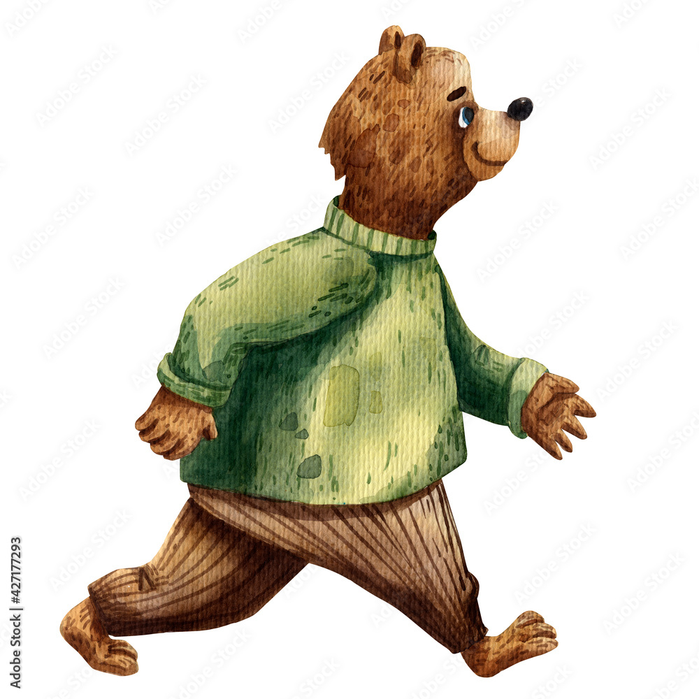 Watercolor illustration of cute dressed bear. Funny cartoon character ...
