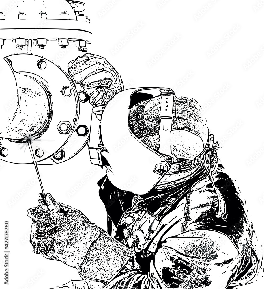 Black and white drawing of a welder at work Stock Vector | Adobe Stock
