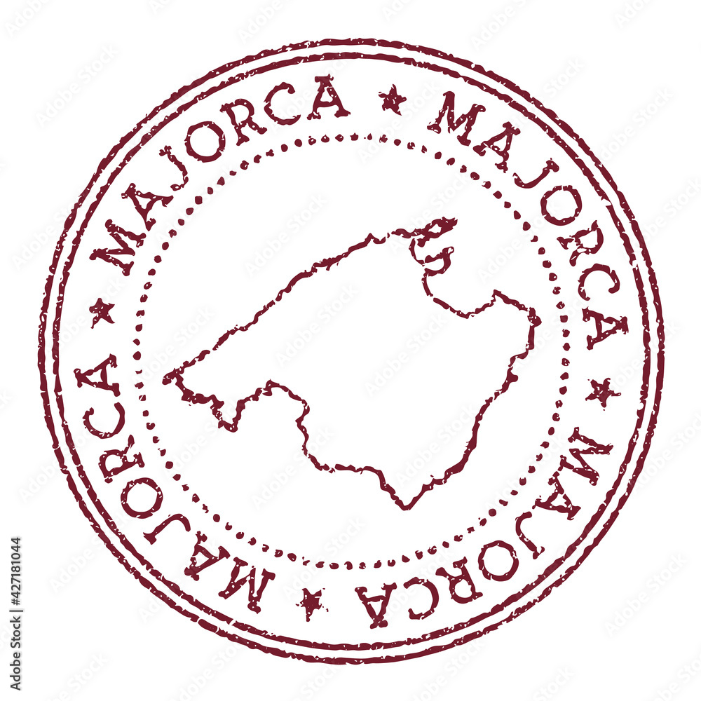Majorca round rubber stamp with island map. Vintage red passport stamp ...