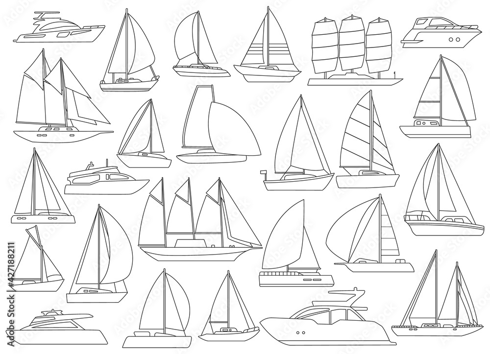 Sail yacht vector outline set icon. Vector illustration sailboat on ...