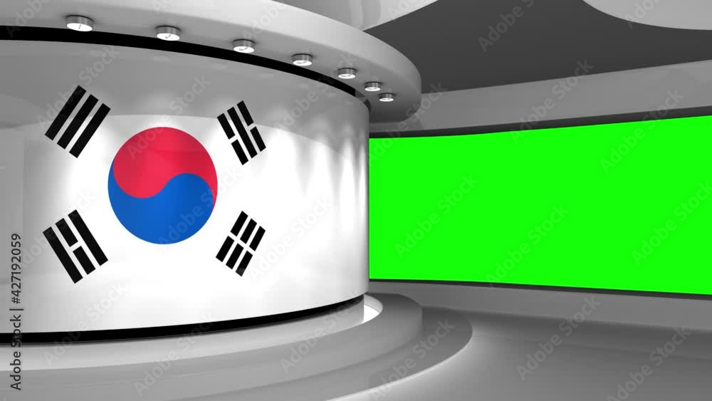 TV studio. Korea. Korean flag. Green screen background. News studio ...