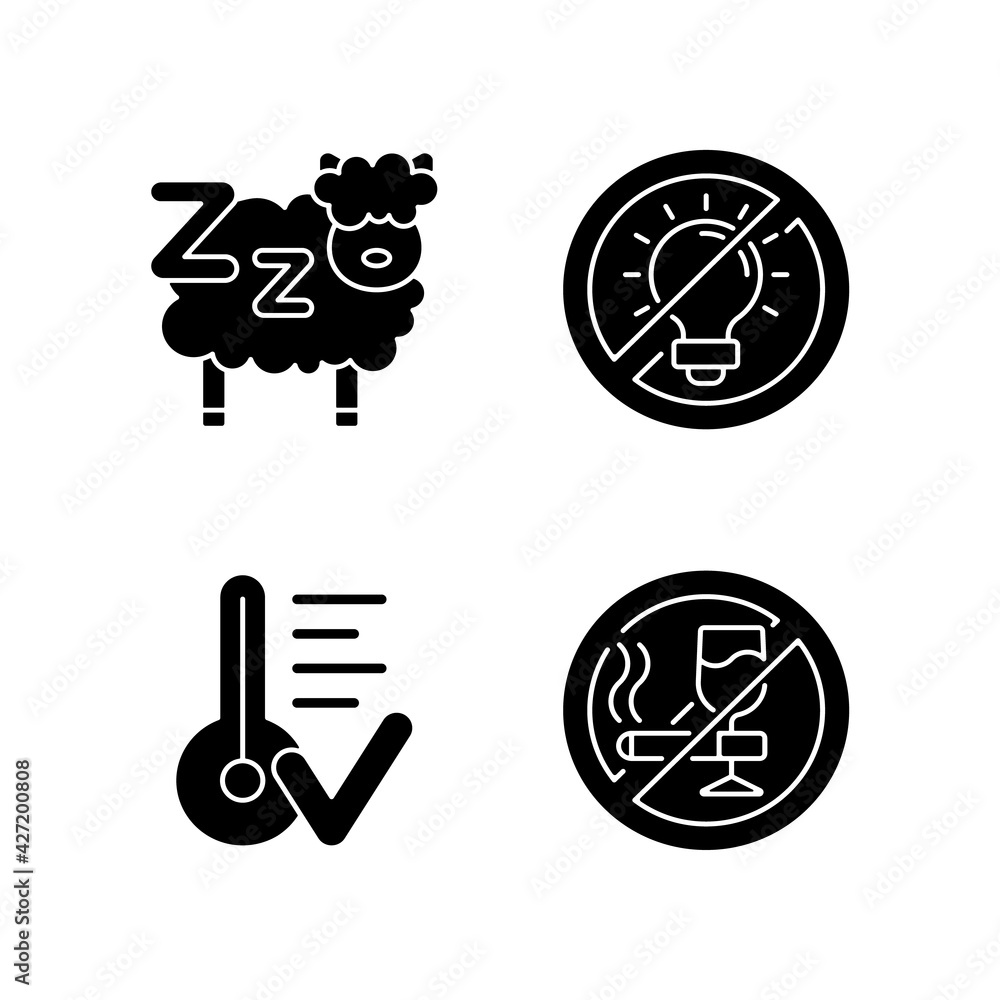 Sleep hygiene black glyph icons set on white space. Counting sheeps ...