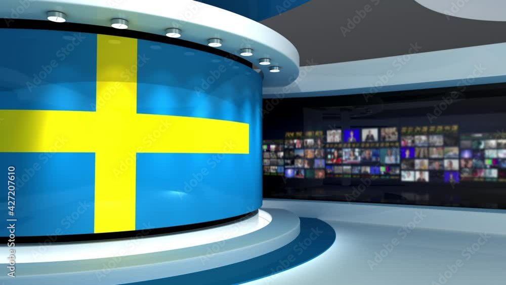 Sweden. Swedish flag. TV studio. News studio. Loop animation ...