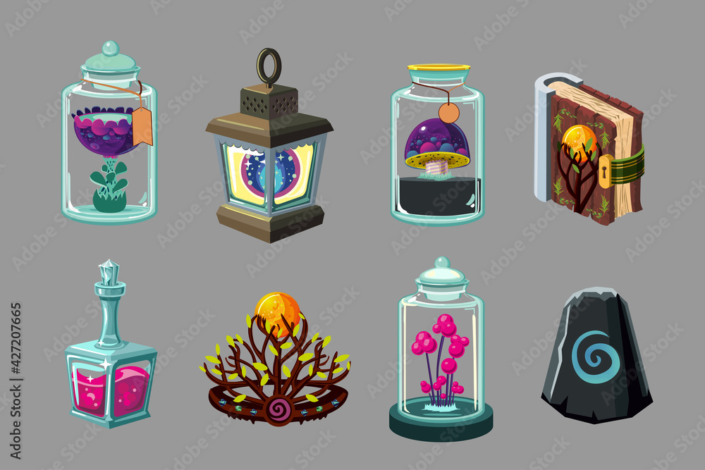 Cartoon icon set. Casual fantasy game design. Vector signs. Mobile app ...