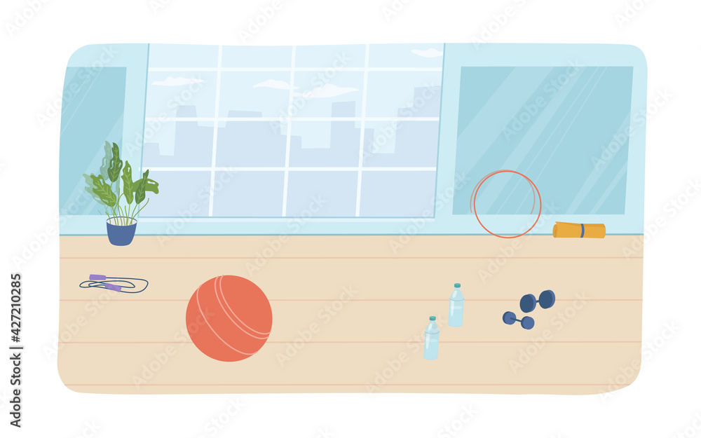 Sport room interior design elements, flat cartoon. Vector gym hall with ...