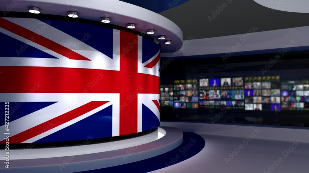 TV studio. United Kingdom. Great Britain. Britich flag studio. UK flag background. News studio ...