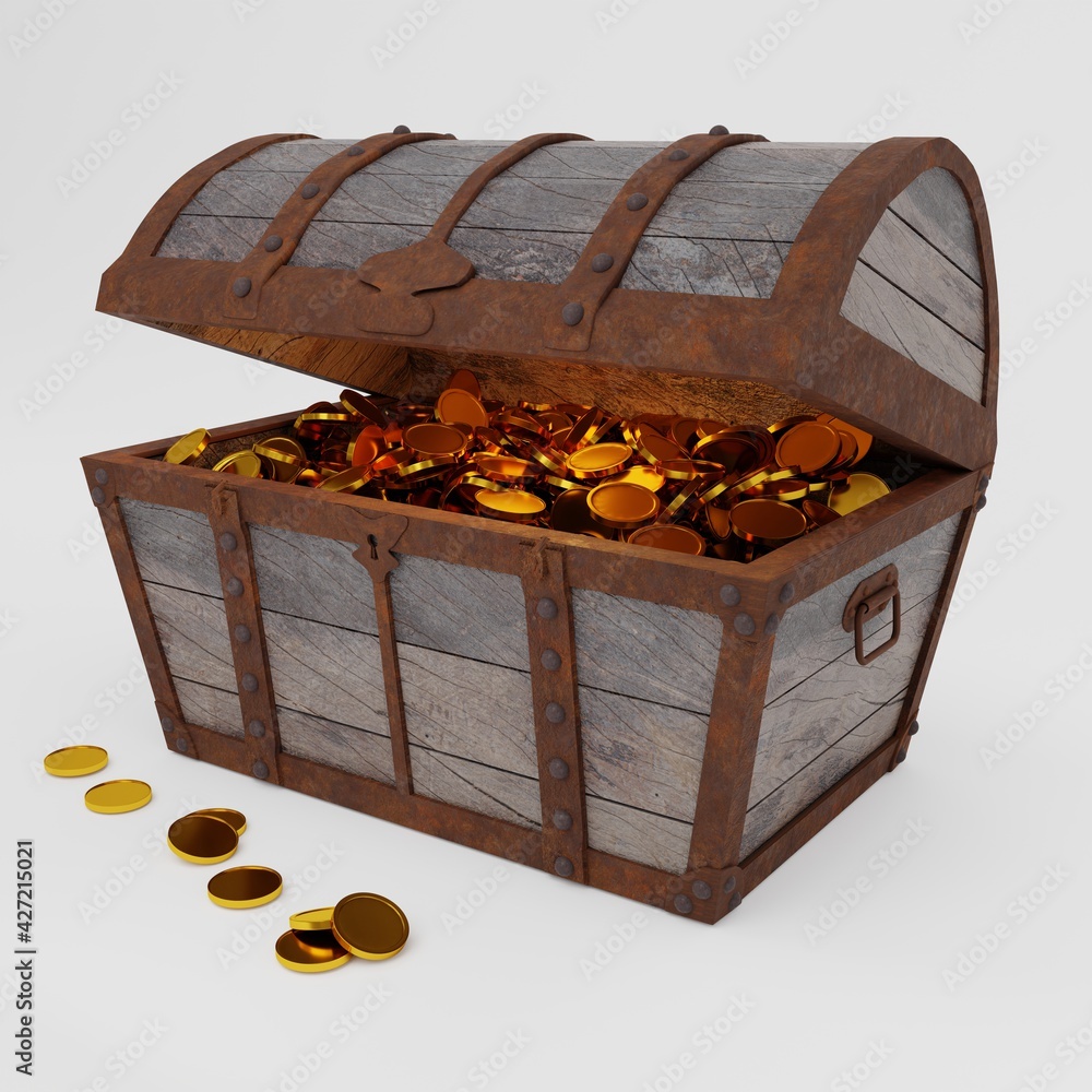Golden coins in Old broken vintage pirate treasure chest. Rotten and ...
