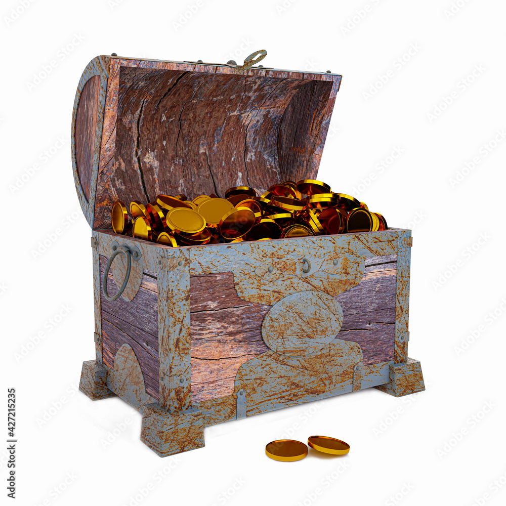Golden coins in Old broken vintage pirate treasure chest. Rotten and ...