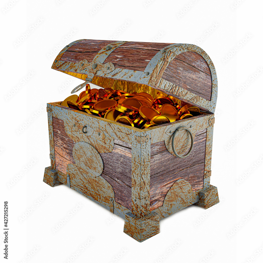 Golden coins in Old broken vintage pirate treasure chest. Rotten and ...