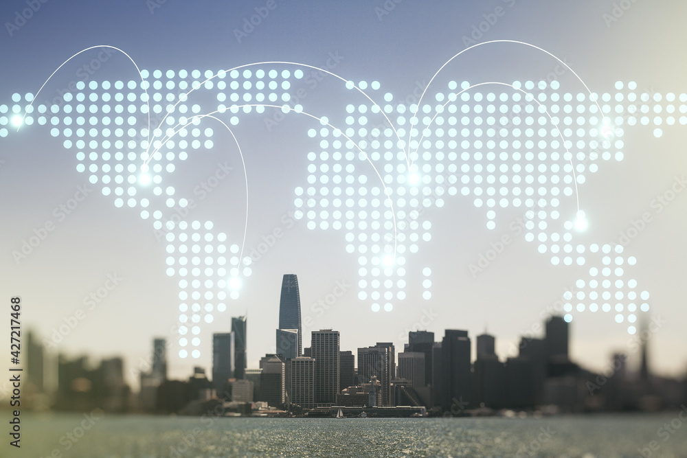 Abstract virtual world map with connections on San Francisco skyline ...