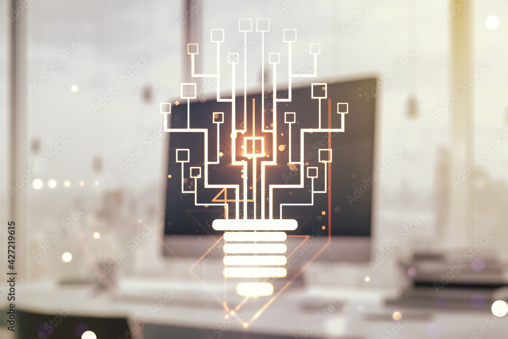 Creative light bulb illustration with microcircuit on modern computer ...