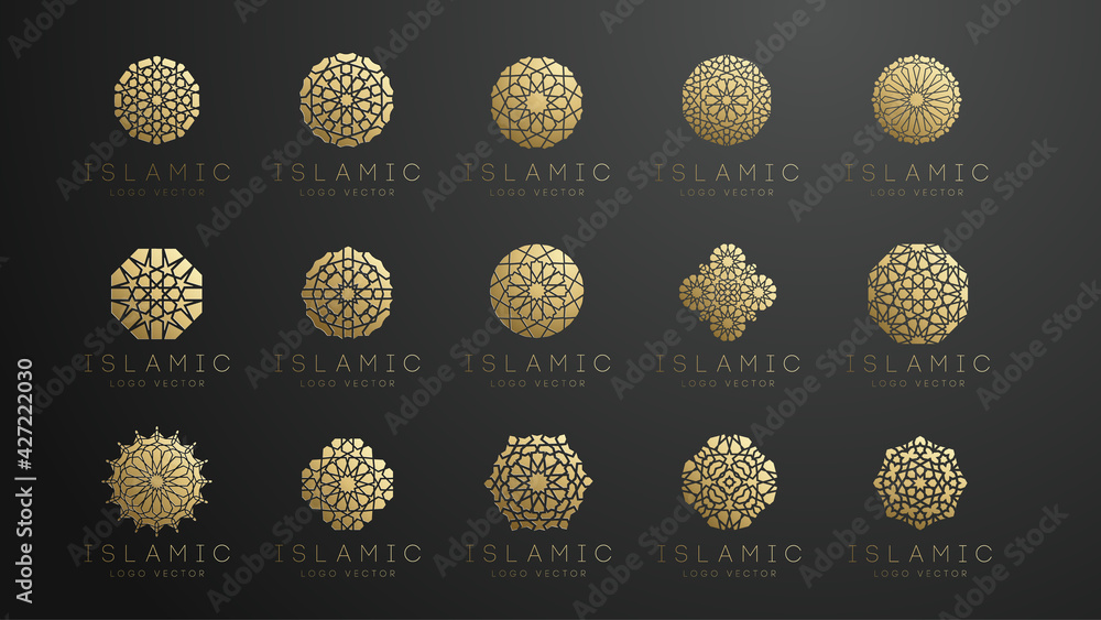 Gold islamic logo set on dark background. Ramadan kareem vector pattern ...