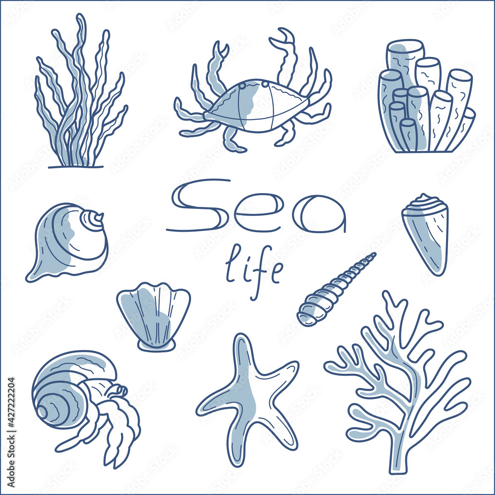 Vector set of sea life hand drawn blue line. 10 different elements ...