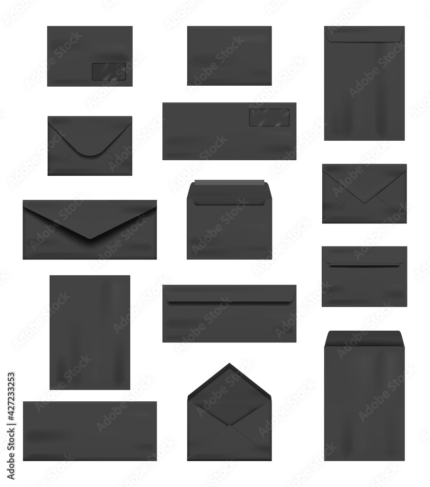 Black envelopes. Luxury dark template of a4 business letters opening ...