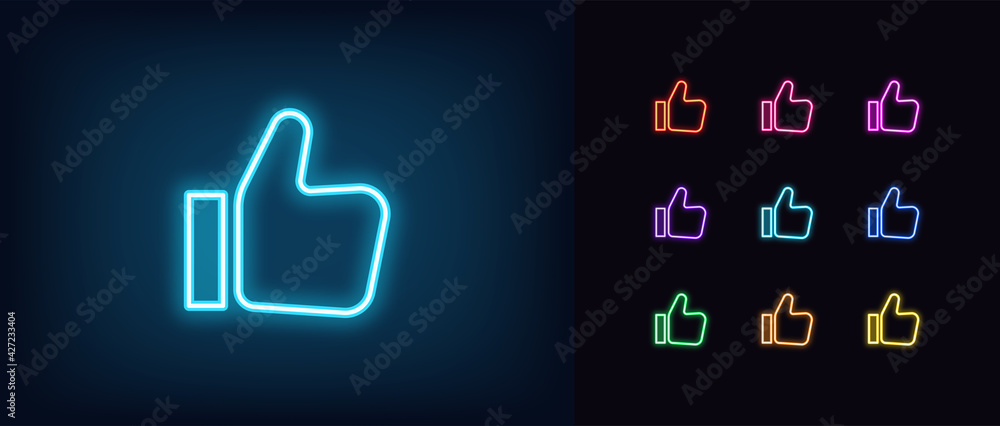 Neon thumb up icon. Glowing neon like sign, outline approving hand ...