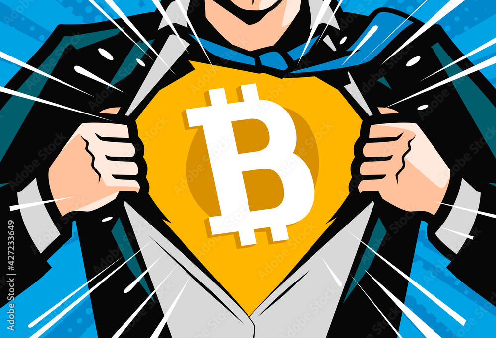 Crypto currency symbol, Bitcoin sign. Superhero or businessman tearing ...