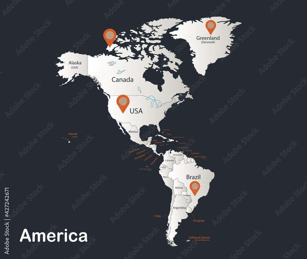 America map, Infographics flat design colors snow white, with names of ...