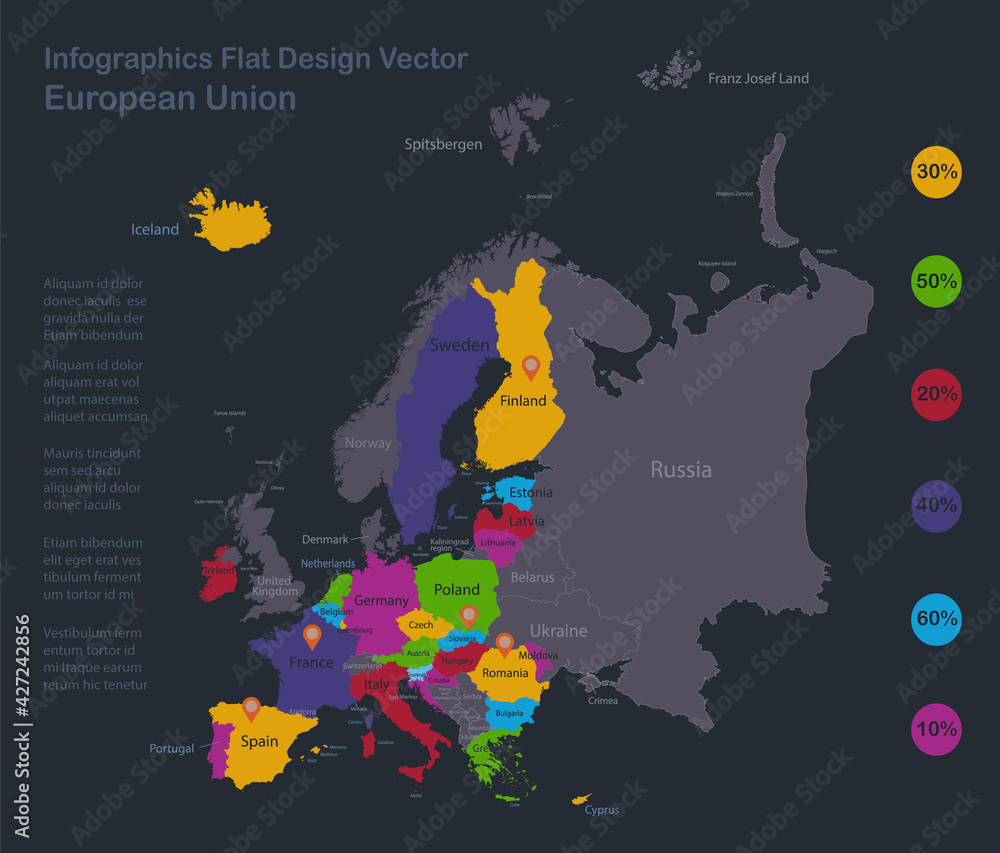 Infographics European union map, flat design colors, with names of ...