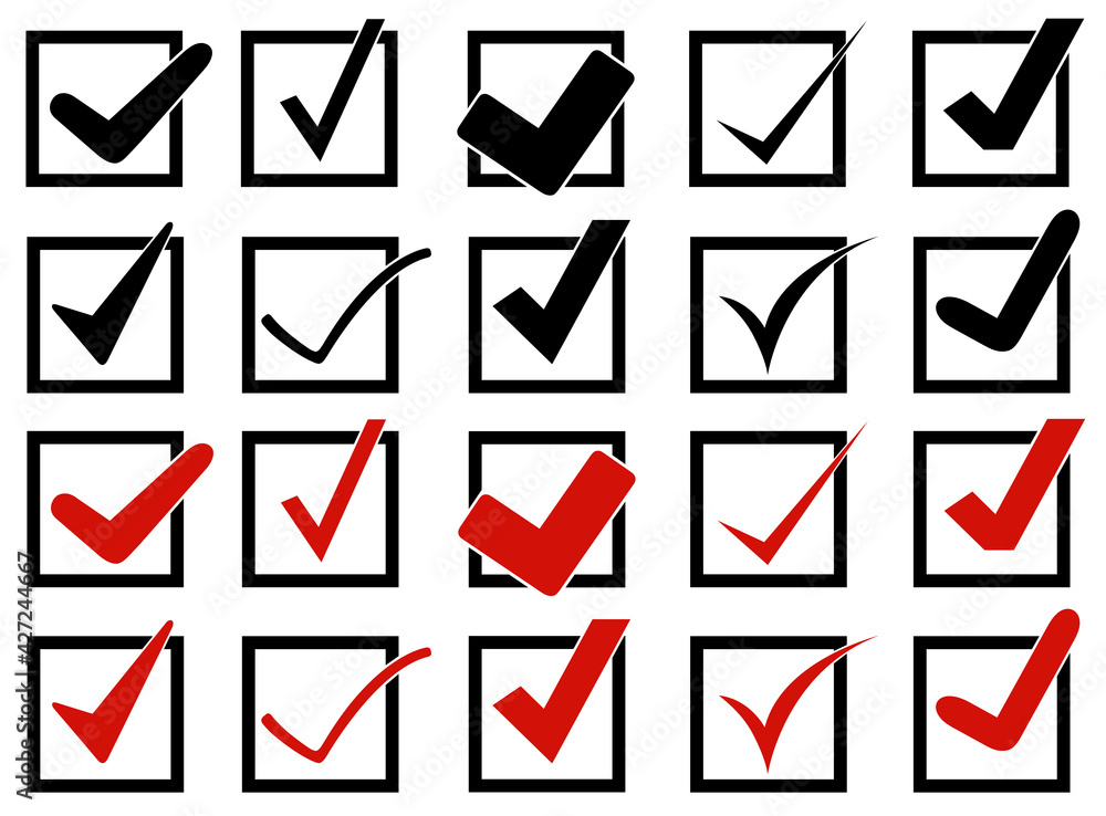 Collection of different check mark icons in boxes isolated on white ...
