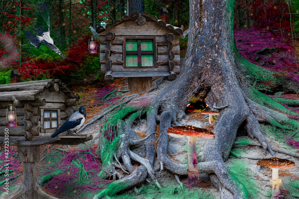 Magic, a fantastic pine forest with pine trees and giant mushrooms and ...