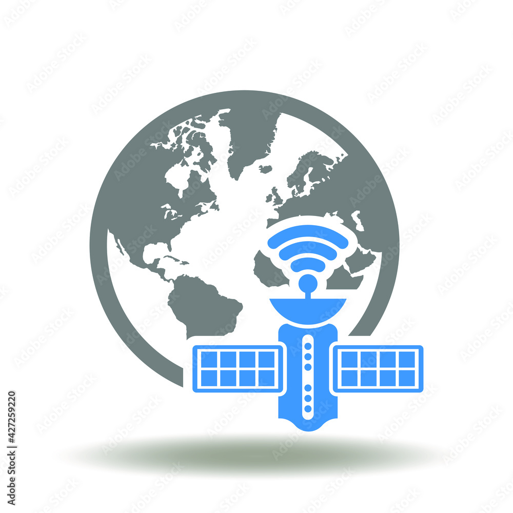 Earth planet with satellite vector icon. Wireless telecommunication ...