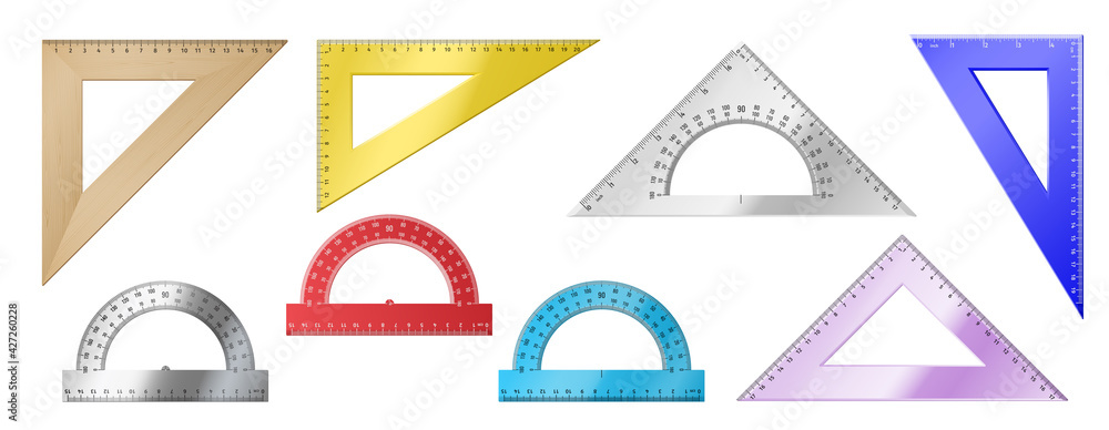 Set of realistic triangular rulers and protractors isolated on white ...