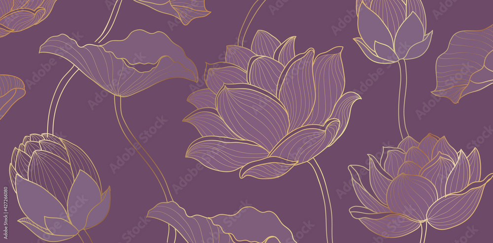 Golden lotus purple background vector. Tropical flower design, Lotus ...
