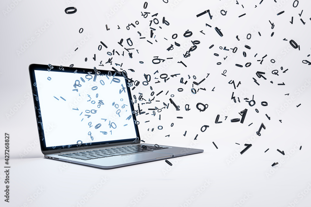 Laptop with multipe particles flow coming out from the glowing white ...