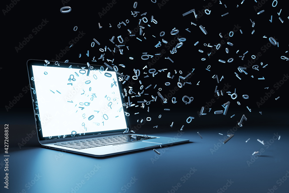 Laptop with multipe particles flow coming out from the glowing white ...