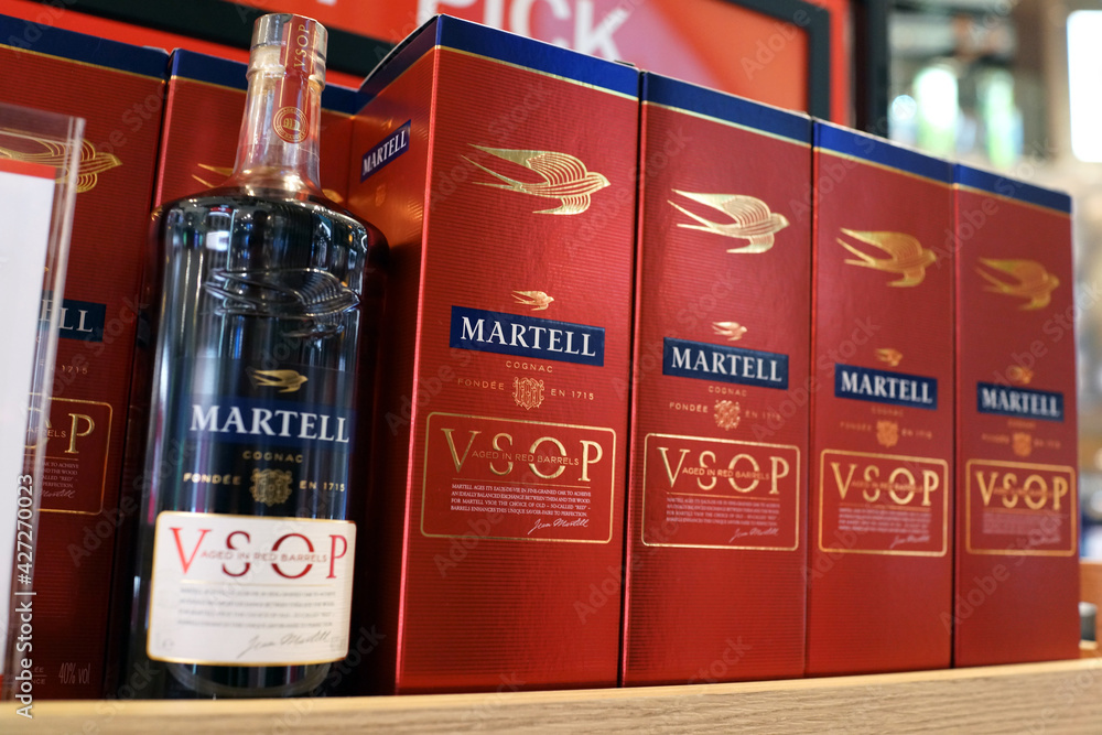 Martell Cognac VSOP display on store shelf in Changi Airport. Martell ...