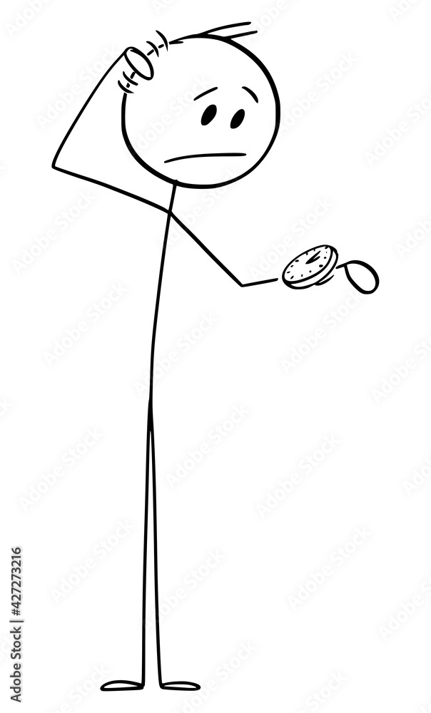 Worried Man or Businessman Watching Wristwatch, Vector Cartoon Stick ...
